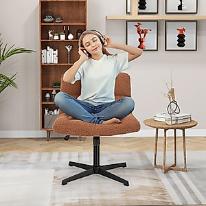 COSTWAY Cross Legged Office Chair, Armless Wide Seat Swivel Desk Chair No Wheels, Height Adjustable Mid Back Computer Task Chair, Modern Faux Lamb Fleece Vanity Chair for Home Office (Brown)