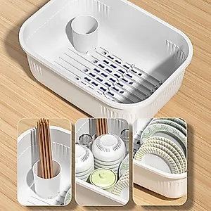 CAKERS Drain Rack Dish Bowl Drying Rack|Plate Storage Drainer Holder Organizer|Plastic Tableware Holder with Lid Cover for Restaurant Kitchen Home,Blue,43x32x33cm(16.9x12.5x12.9in)