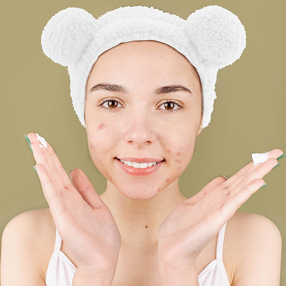 YISSION 2PCS Bear Ears Spa Headband No Slip Head Band for Face Wash Makeup Skincare Facial Headband Elastic Hair Band Carol Fleece Headbands for Women Girls (White Coffee)