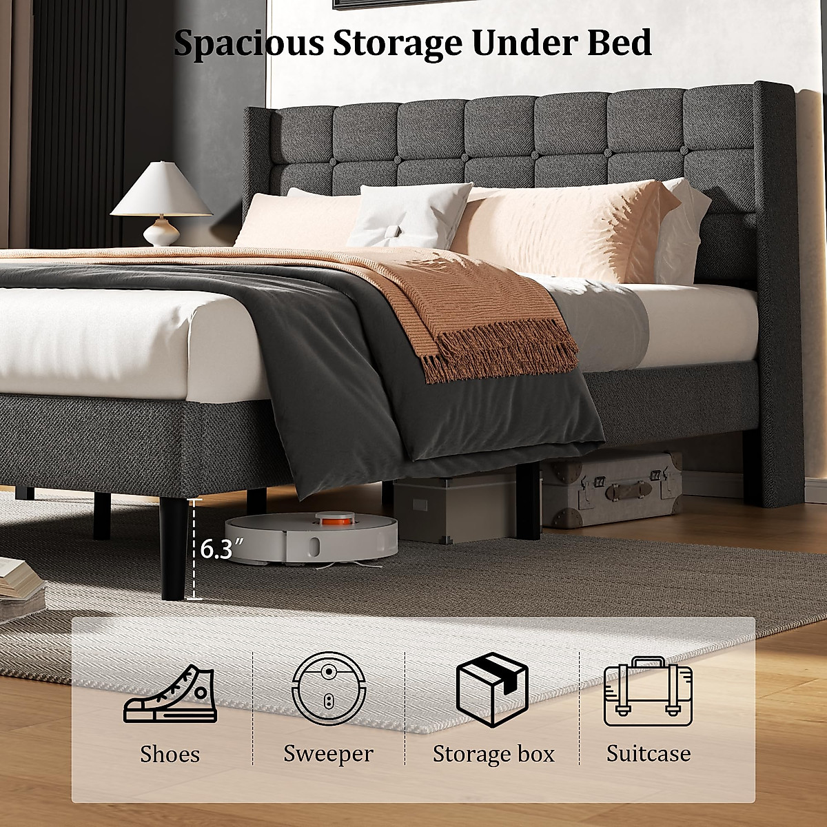 CXVX Queen Size Platform Bed Frame with Upholstered Headboard and Wingback, Mattress Foundation with Wooden Slat Support, No Box Spring Needed, Easy Assembly, Noise Free, Dark Gray