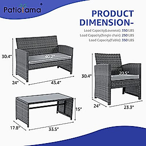 Patiorama 4 Pieces Outdoor Patio Furniture Sets Garden Rattan Chair Wicker Set, Poolside Lawn Chairs with Tempered Glass Coffee Table Porch Furniture (Light Grey)