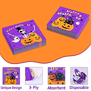DYLIVeS Halloween Party Napkins, Purple Halloween Pumpkin Cats Ghosts Skeleton Disposable Paper Napkins, Cute Halloween Party Supplies for Luncheon Dessert Halloween Decorations Kids, 50 Pcs, 3 -ply