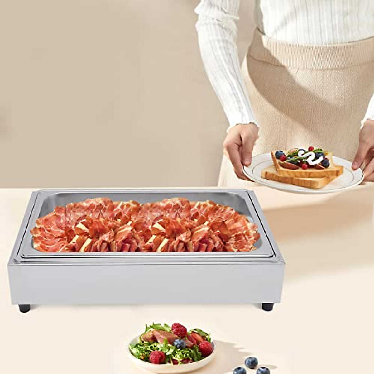 Stainless Steel Buffet Set, 300W Commercial Food Warmer, Full-Size 1 Pot Steam Table with Lid, Electric Food Warmers, Grade Stainless Steel Buffet Equipment, Fits 20.87 x 13 Pan