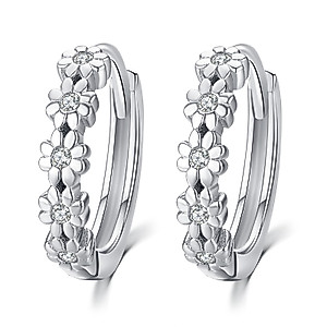 KINGWHYTE Daisy Hoop Earrings 925 Sterling Silver Lucky Flower Earrings Small Daisy Flower Huggie Earrings Jewelry Christmas Birthday Gifts for Women 15mm