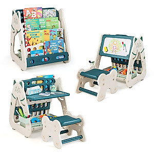 HONEY JOY Kids Table and Chair Set, 3 in 1 Convertible Art Easel & Display Bookshelf w/Magnetic Painting Board, Bottom Storage Shelf, Children Activity Table Set for Drawing Reading (Green)