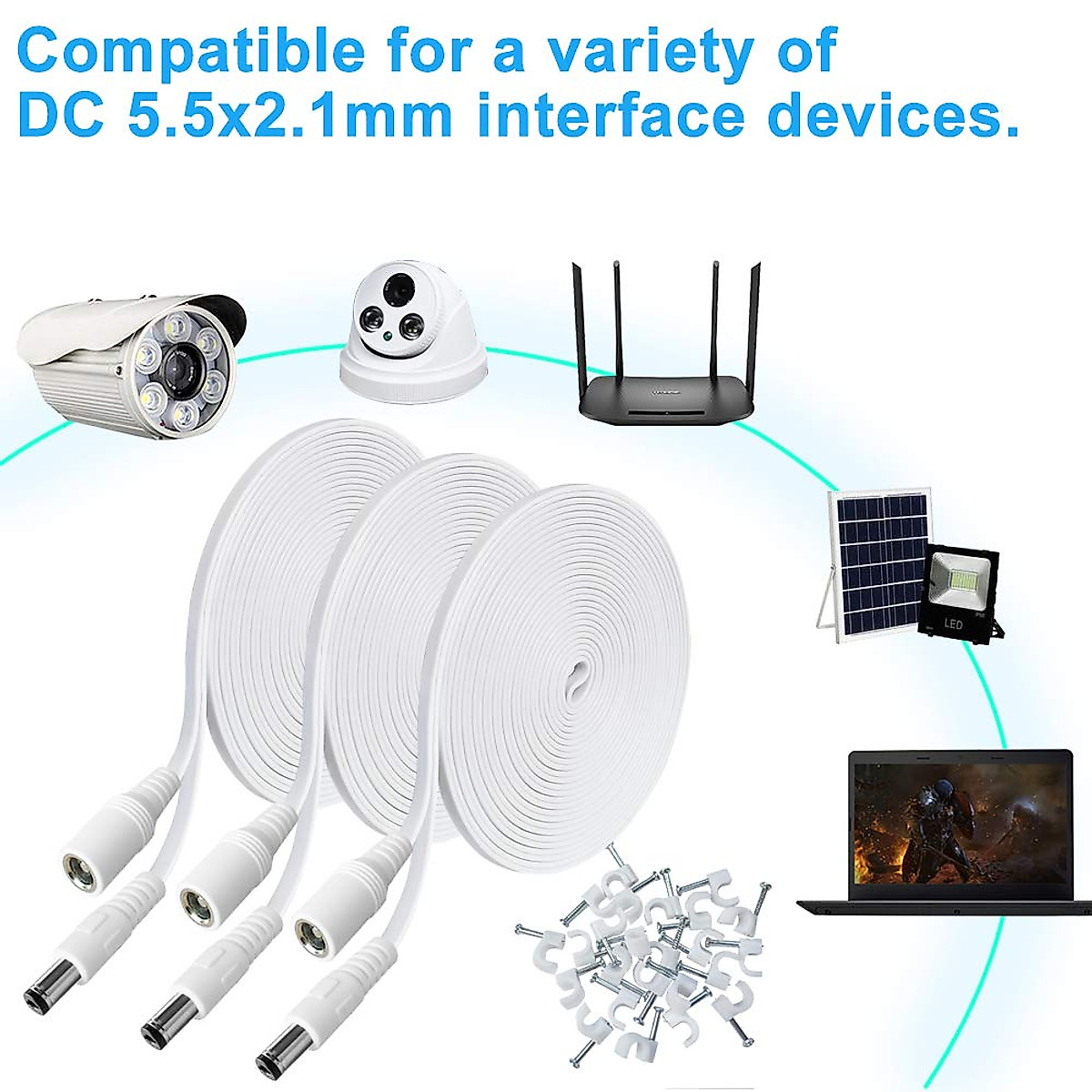 SIOCEN【3-Pack 20ft DC Power Extension Cable,5.5mm x 2.1mm 12v Extension Cord Security Camera Power Cable Male to Female for CCTV IP Indoor Camera Dvr Standalone LED Strip,Supply Adapter