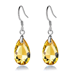 Teardrop Austrian Crystal Drop Dangle Earrings for Women 925 Sterling Silver Hook Hypoallergenic Earring (Yellow)