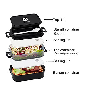 TWOKIWI Bento Box Adult Lunch Box – Lunch Containers for Adults/Kids – 7 Cup Bento Lunch Box with 3 Compartments & Fork, Microwave,Dishwasher & Freezer Safe (Classic Black)