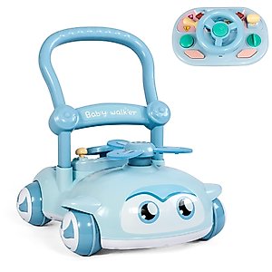 COLOR TREE 2 in 1 Baby Walker + Toddler Steering Wheel Activity Center, Sit-to-Stand Push Pull Walker, Early Educational Learning Toy with 4 Large Wheels and EVA Flash Lamp Blades and Music, Blue