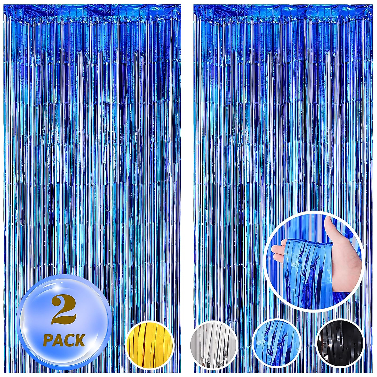 AIBIIN 2pcs 3.3ftx6.6ft Foil Curtain Backdrop Blue Metallic Tinsel Foil Fringe Curtains Little Prince Birthday Party Wedding Baby Shower Bachelorette Graduation 4th of july Decoration Photo Booth Prop