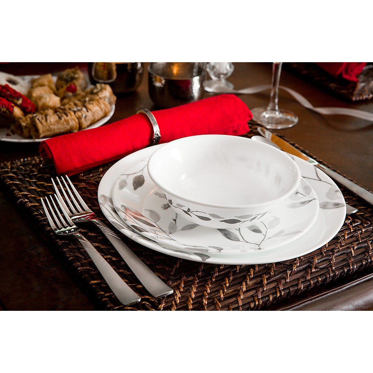 Corelle 12-Piece Vitrelle Misty Leaves Chip and Break Resistant Dinner Set, Grey