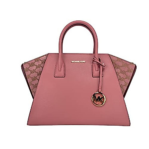 Michael Kors Avril Large Top Zip Satchel Crossbody Bag MK Pink Rose MK Leather