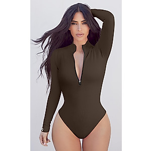 OQQ Women's 2 Piece Bodysuits Sexy Ribbed One Piece Zip Front Long Sleeve Tops Bodysuits Black Darkbrown