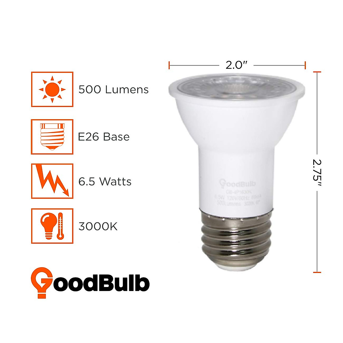 GoodBulb LED PAR16 Light Bulbs | 6.5 Watt (40 Watt Equivalent) | E26 Base | Warm White 3000K | EcoSmart Lights | High Output 500 Lumens (Pack of 4)