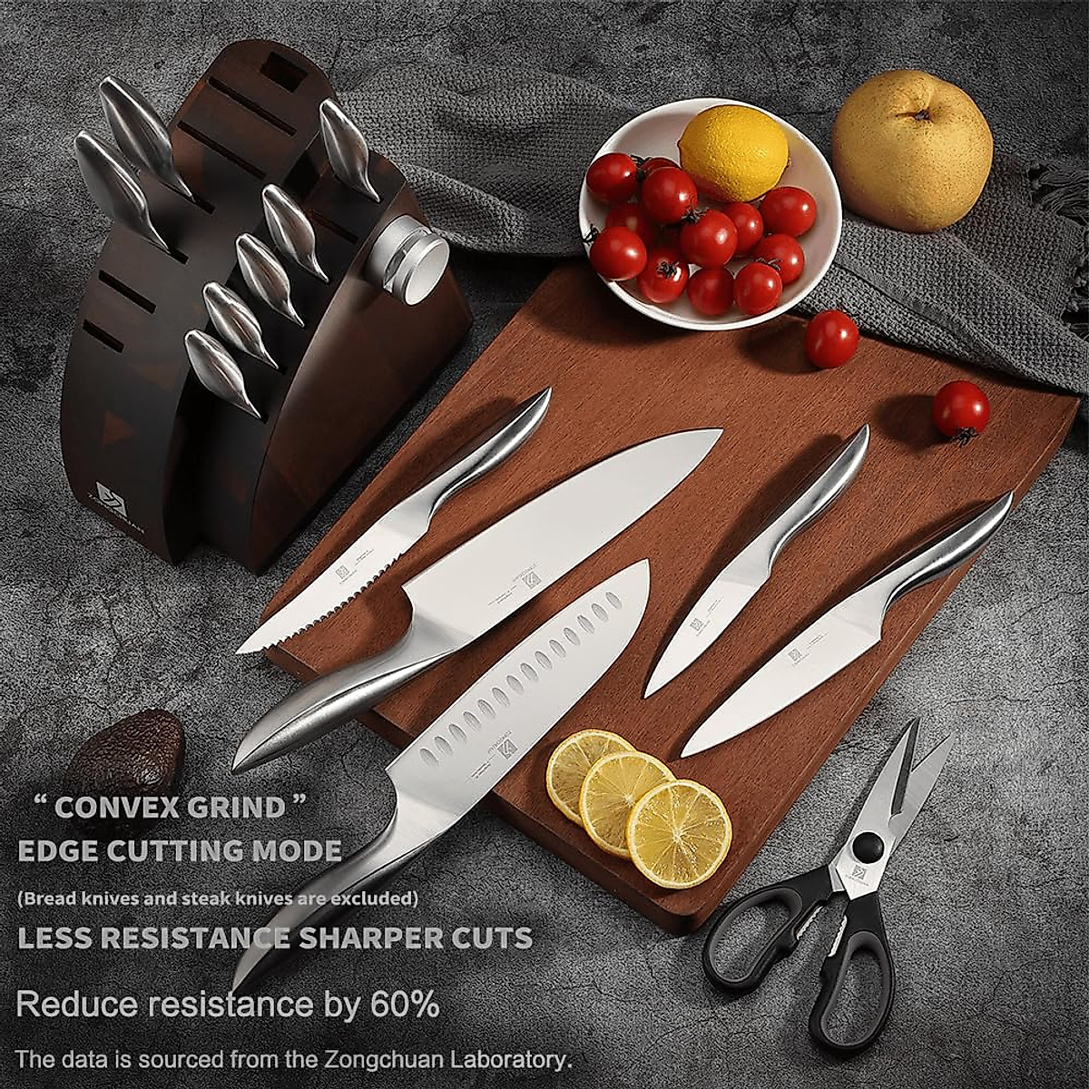 Zongchuan 15-Piece Knife Sets,Ultra-Smooth Cutting Professional Grade Sharp,One-Piece 50Cr15Mov Stainless Steel Kitchen Knife Block Set with Sharpener,Handle Ergonomic Design,Dishwasher Safe