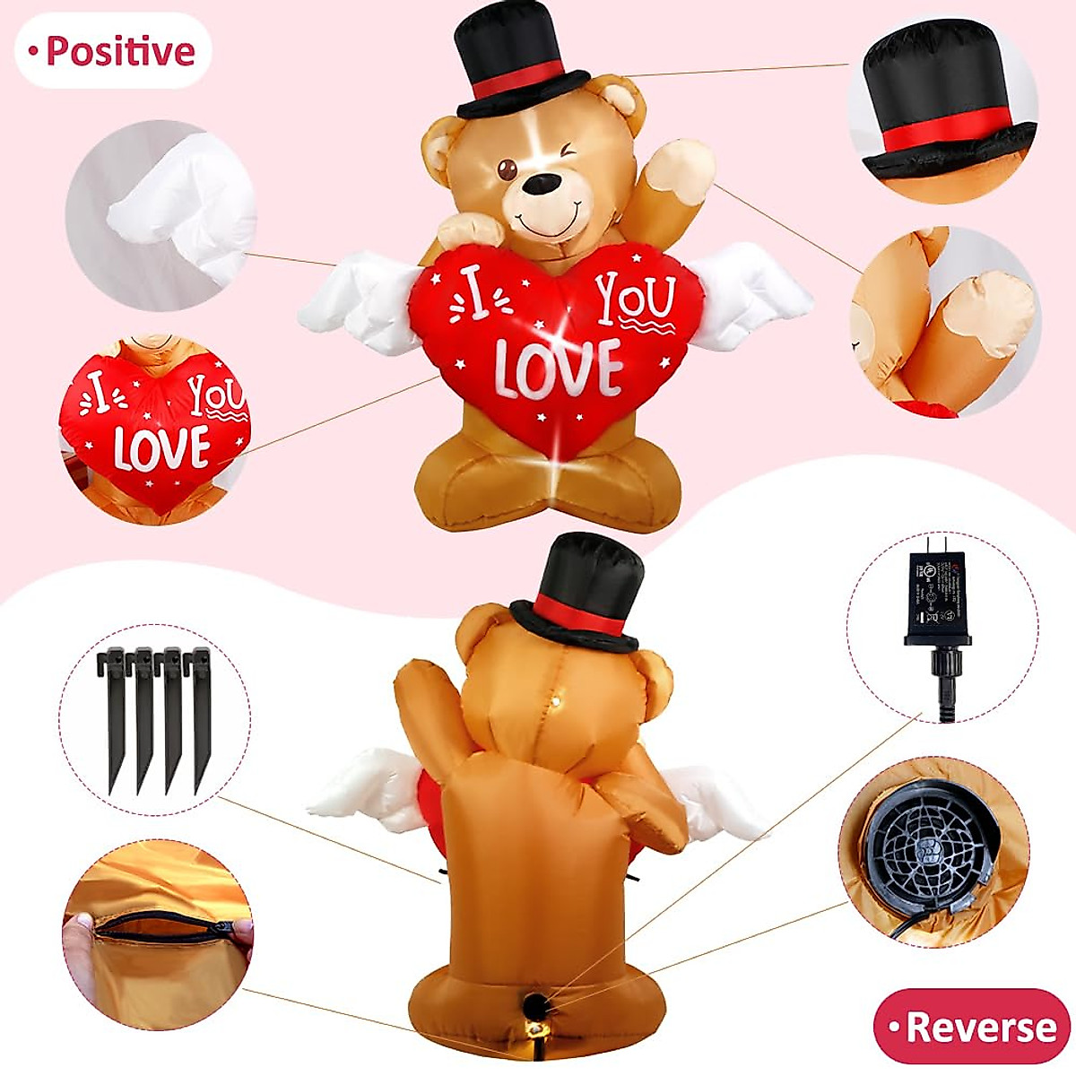AerWo 4 FT Valentines Day Inflatable Bear with Love Heart, Lighted Valentines Inflatables Teddy Bear Blow Up Yard Outdoor Garden Home Party Wedding Decor, Romantic Sweet Valentines Gift