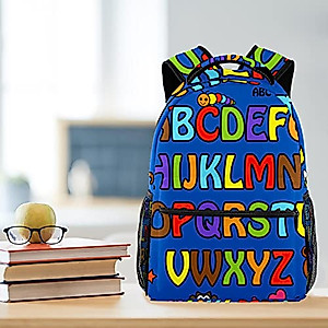 Colorful Alphabet Pattern Blue Lightweight School Classic Backpack Travel Rucksack for Women Teens