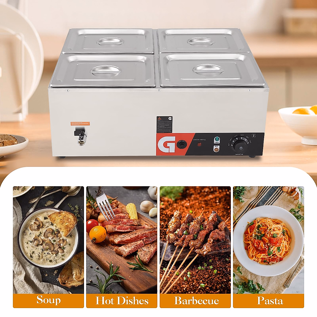 Takywep 4 Pans Commercial Food Warmer - 4 x 10.5QT, 1200W Electric Steam Table, Professional Countertop Stainless Steel Buffet Bain Marie, 86-185°F Temp Control, Ideal for Catering and Restaurants