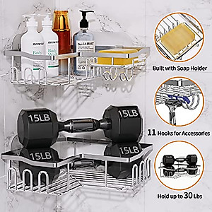 Shower Caddy Corner with Soap Holder, 2 Pack Stainless Steel Shower Organizer Corner with 11 Hooks, No Drilling & 6 Strong Adhesives Corner Shower Shelf Bathroom Organizer for Shower Room, Silver