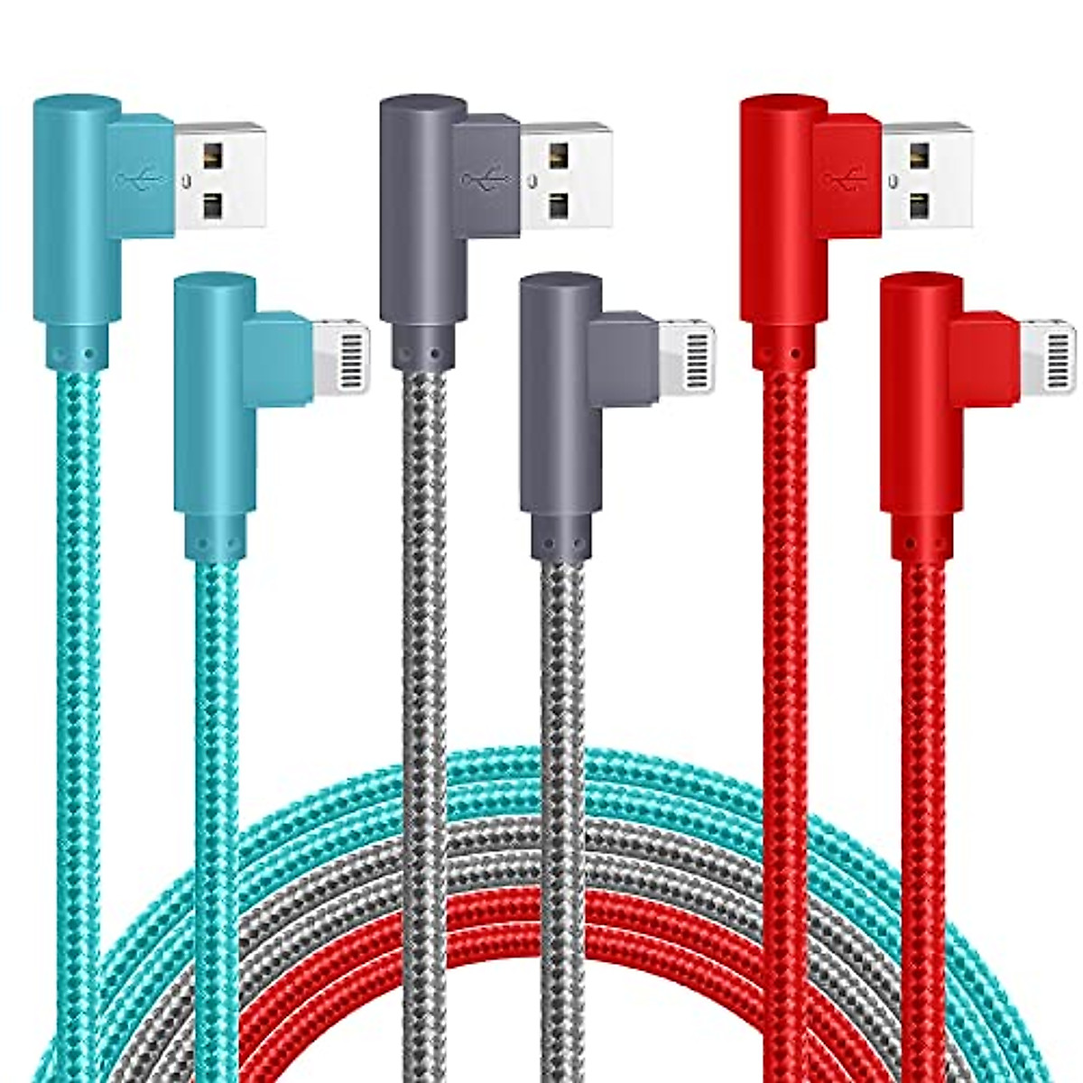 iPhone Charger, [Apple MFi Certified] 3 Packs 6FT 90 Degree USB Lightning Cable Fast Charging Cord Nylon Braided Compatible with iPhone 13/12/11/X/Max/8/7/6/6S/5/5S/SE/Plus/iPad (6FT)