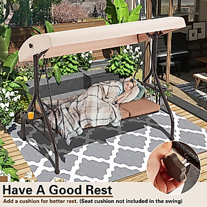 HOMREST Outdoor Porch Swing with Adjustable Canopy, Backrest, 3-Person Patio Canopy Swing Textilene Bed with Side Cup Holder, Pillow for Garden, Deck, Back Yard, Lawn (Khaki)