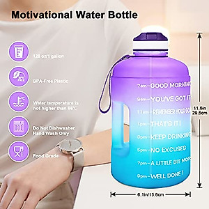 QuiFit Motivational Gallon Water Bottle - with Straw & Time Marker BPA Free Large Reusable Sport Water Jug with Handle for Fitness Outdoor Enthusiasts Leak-Proof (Purple/Blue,1 gallon)