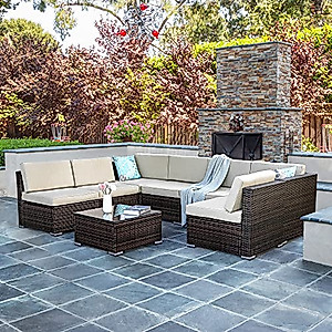YITAHOME 8 Piece Outdoor Patio Furniture Sets, Garden Conversation Wicker Sofa Set, and Patio Sectional Furniture Sofa Set with Coffee Table and Cushion for Lawn, Backyard, and Poolside, Brown