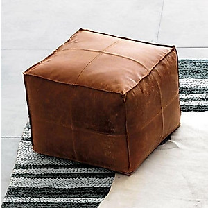 LEATHEROOZE Stuffed Square Pouf, Footstool, Upholstered in Brown Leather, for The Living Room, Bedroom and Kids Room, Transitional, Modern 14x16x16inches