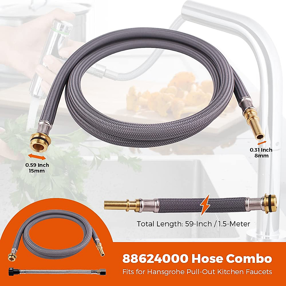 88624000 Pull-out Hose Combo for Hansgrohe Kitchen Faucets, Pull-down Spray Hose Replacement with Brass Connectors, 59-Inch + 10.5-Inch