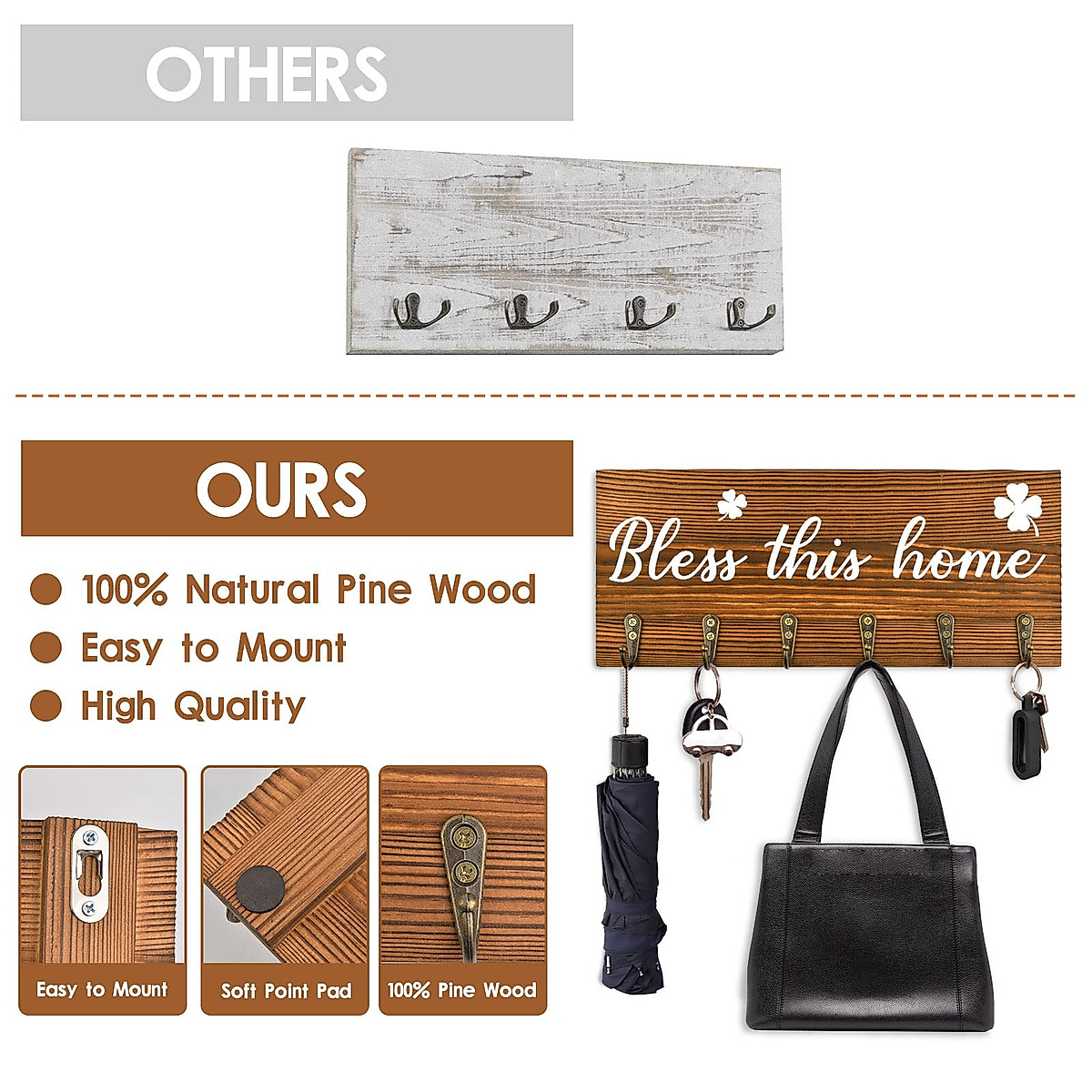 AHYS Key Holder Wall Mount Rustic Bless This Home Wall Decor Key Holder for Wall Key Hanger Key Rack with 6 Key Hooks Wall Key Holder for Entryway Living Room Bedroom - Brown