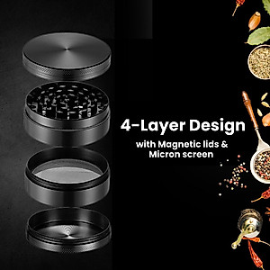3 inch Large Spice Crusher Grinder, Portable 4-layer Manual Herb Mill, Zinc Alloy (Black) with Magnetic Lid and Screen