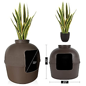 Hawsaiy Hidden Litter Box Enclosure, Plant Cat Litter Box Furniture Includes Faux Plant and Real Stones, Replaceable for Real Flowers Brown