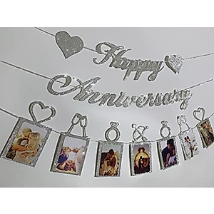 Happy Anniversary Party Decorations - Silver Happy Anniversary Banner and Photo Banner for Wedding Anniversary Party decor (Silver)