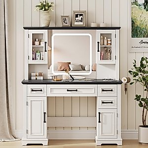 Maupvit Farmhouse Vanity Desk with Mirror and Lights, Makeup Vanity Table with Charging Station, 45" Bedroom Table with 4 Drawers and Cabinets, 3 Lighting Modes, White