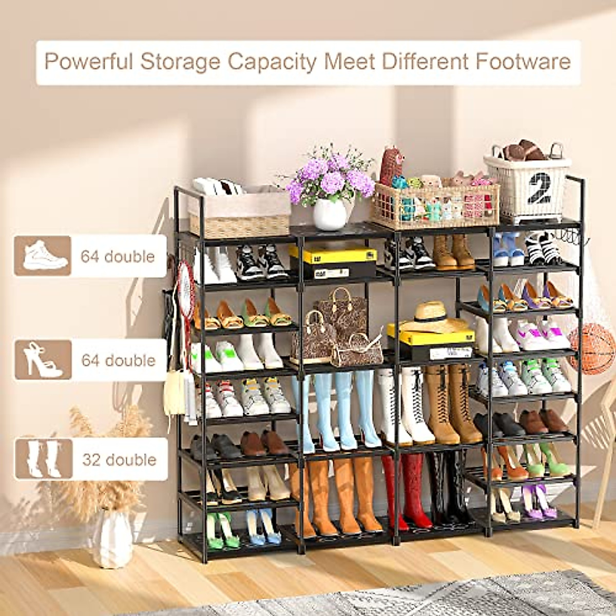 Polegas Large Shoe Rack Shoe Organizer for 62-66 Pairs Shoes and Boots, Metal Shoe Rack Organizer, 8 Tiers Shoe Storage Shelf, Space Saving Shoe Cabinet for Entryway Closet Garage Bedroom Cloakroom