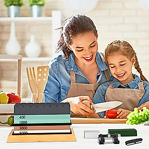 Sharpening Stone Whetstone Knife Sharpener, knife sharpening stone Premium 4 Side Grit 400/1000 3000/8000 Water Stone Sharpening Kit Wet Stones with Leather Strop, Bamboo Base & Angle Guide
