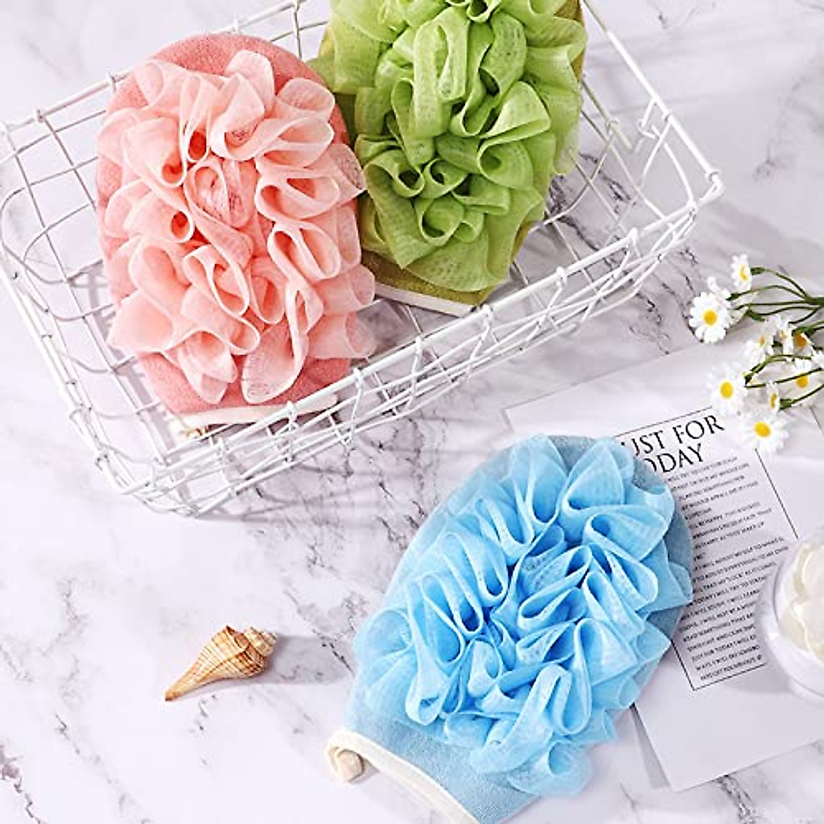 2PCS Shower Gloves with Flower Bath Ball Exfoliating Body Pad Deep Cleaning Gloves for Bathroom, Bathhouses and Spas (Green)