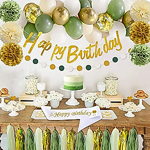 Sage Green Birthday Party Decorations with Happy Birthday Banner,Gold Fringe Curtain,Circle Dots Garland,Tissue Pompoms,Paper Tassels Garland for Girls Women Birthday Decor