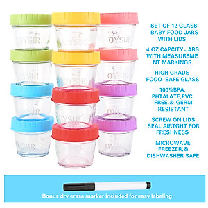 OYSIR Glass Baby Food Storage Containers,12 Pcs,4 oz Baby Jars with Lids, Reusable Small Glass Baby Food Containers for Infant & Baby, Freezer, Microwave/Dishwasher Safe