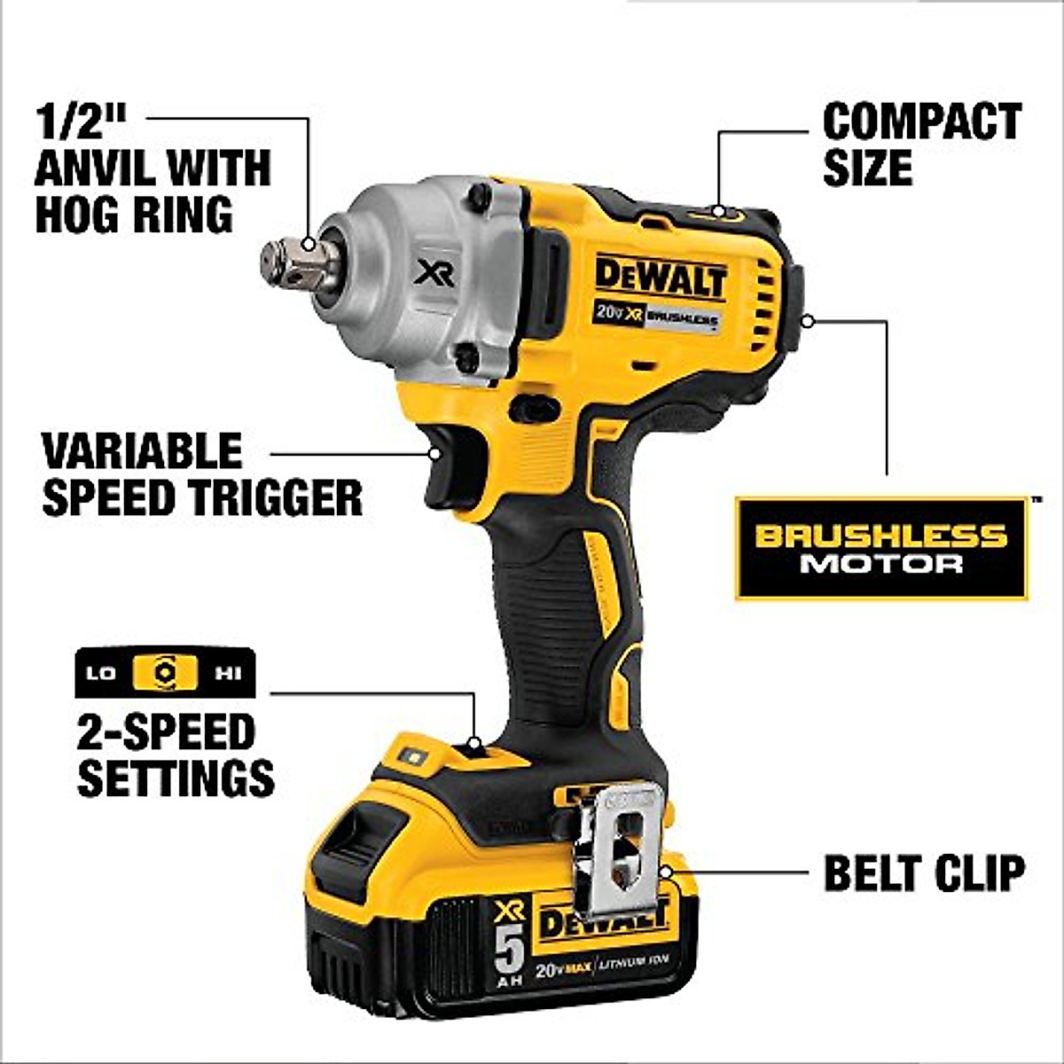 DEWALT 20V MAX* XR Impact Wrench Kit, Hog Ring Anvil, 1/2-Inch (DCF894HP2)