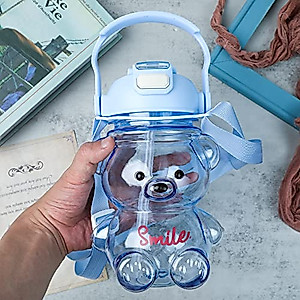 Kawaii Bear Straw Bottle, Large Capacity Double Drink Ports Cartoon Kids Bear Water Bottle with Strap and Straw, Cute Portable Bear Shaped Water Bottle Adjustable Removable Strap for Girls and Children (Blue)