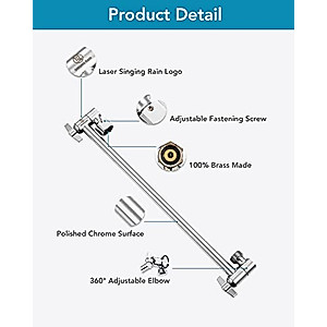15 Inch Extra Long Adjustable Shower Head Extension Arm With Locking Set Screw, Singing Rain Solid Brass Chrome Finish Angle Height Adjustable, Easy To Install, G1/2 Universal Connector Compatible