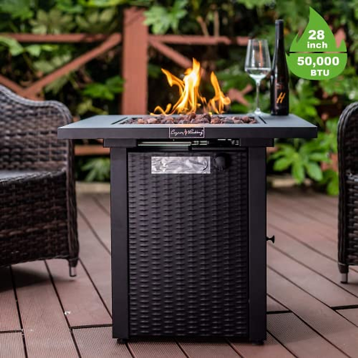 Hooseng Propane Fire Pit Table, 28 Inch Outdoor Gas Firepit 50,000 BTU with Lid and Lava Rock, Adjustable Flame Apply to Outside Patio, Garden, Backyard