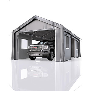 GarveeLife 13'x20' Carport Heavy Duty, Portable Garage with 4 Roll-up Doors, 4 Mesh Windows, 180 g PE Tarps, and Reinforced Frames, for Full-Size Pickups, Bass Boats, and SUVs, Gray