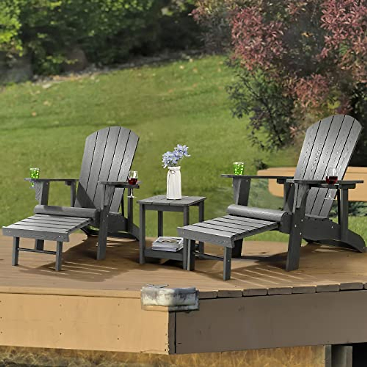 Leteuke Adirondack Chair with Ottoman, Oversized Adirondack Chair with Adjustable Backrest and 2 Cup Holder, Weather Resistant Adirondack Chair for Patio, Outdoor, Fire Pit, Garden, Deck, Dark Gray