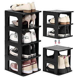 TRZZ 5-Tier Small Shoe Rack for Entryway, DIY Small Shoe Organizer, Removable Partition Mini Shoe Shelf for Closet, Small Space (Plastic, Black)