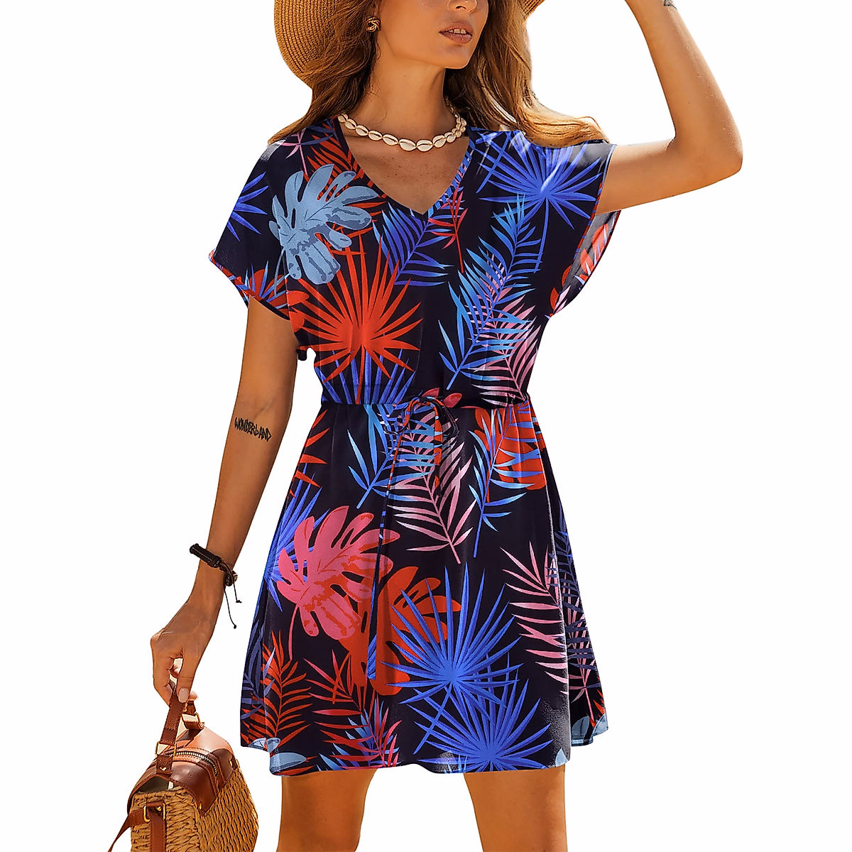 Ekouaer Women's Cover Ups Casual Swimsuit Coverups Flowy Tie Waist Beach Cover Up Dress(Black Red Leaf, X-Large)