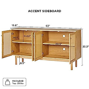 AMERLIFE 63" Sideboard Buffets Cabinet, 2-Adjustable Shelves Sideboard with 4 Doors, Large Accent Storage Credenzas for Living Room, Dining Room, Bedroom, Natural