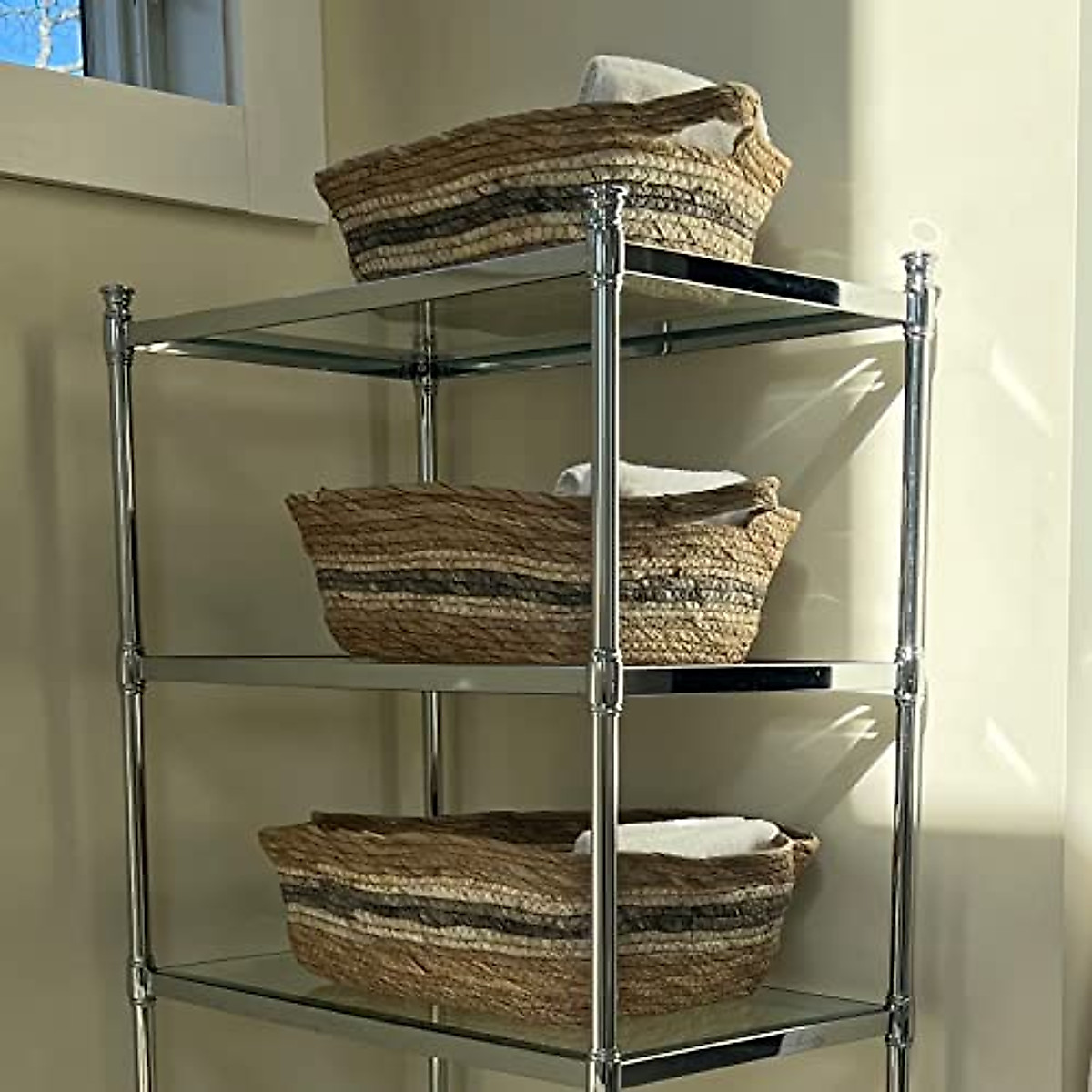 Coastal Grey Stripes 3 Piece Basket Set, Rectangular, Shelf Organizers, Corn Husk Wicker, Durable Chunky Rope Weave, 15.75, 18.5, and 19.25 Inches