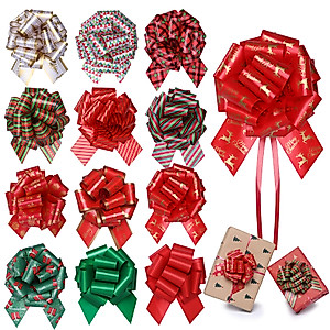 12 pcs Large Christmas Bows for Gift Wrapping,5 inch Wide Xmas Pull Bows for Presents,Christmas Gift Bows for Gift Baskets,Christmas Tree,Wine Bottles,Christmas Decorations (Mix Color)